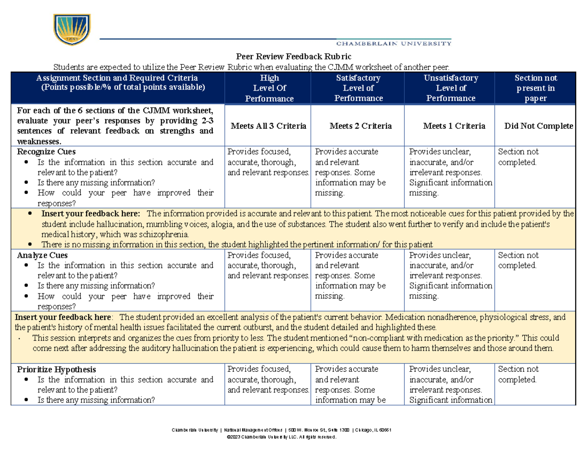 Peer Review Feedback Worksheet - i-Human Patients® Assignment Peer ...