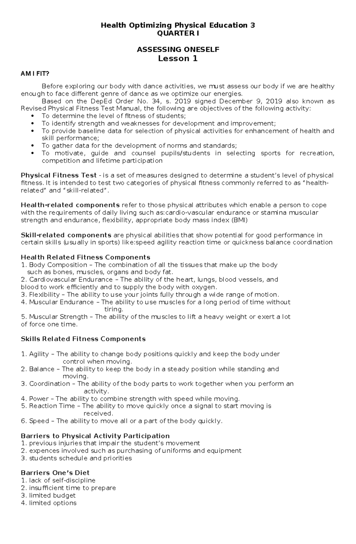 Lesson 1 Assessing Oneself - Health Optimizing Physical Education 3 ...