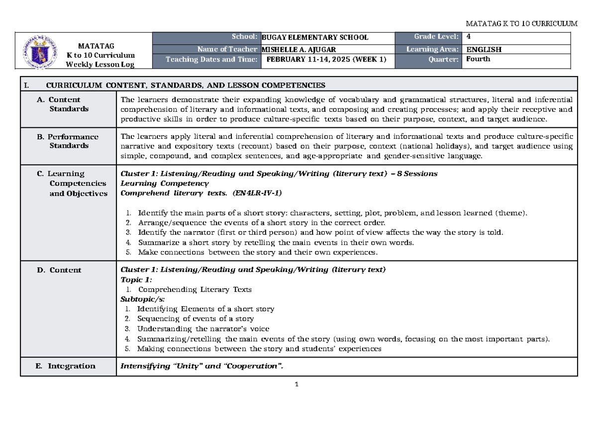 DLL Matatag English 4 Q4 W1 - MATATAG K to 10 Curriculum Weekly Lesson Log School: BUGAY ...