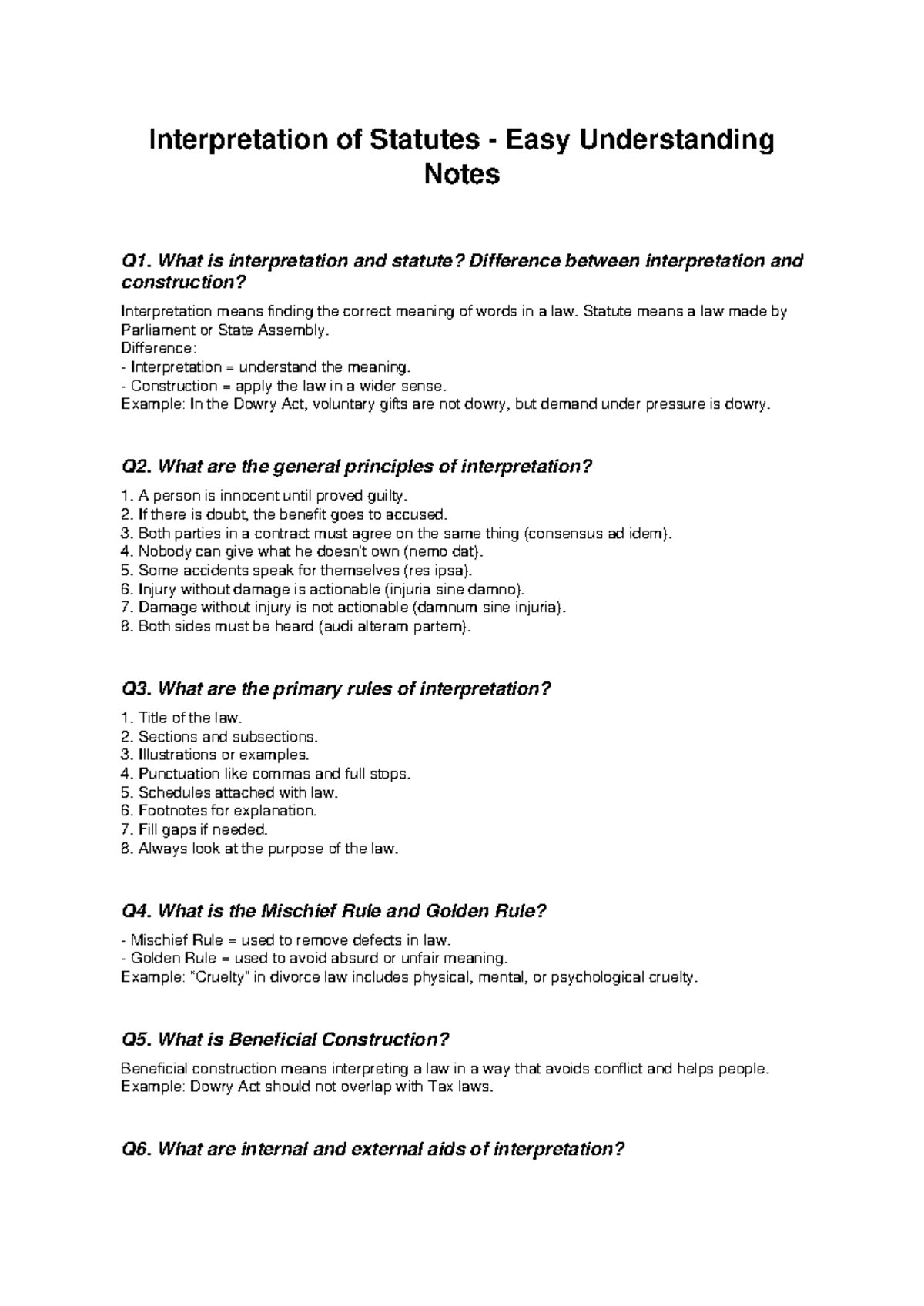 Interpretation of Statutes: Easy Understanding Notes for Q1-Q6 - Studocu