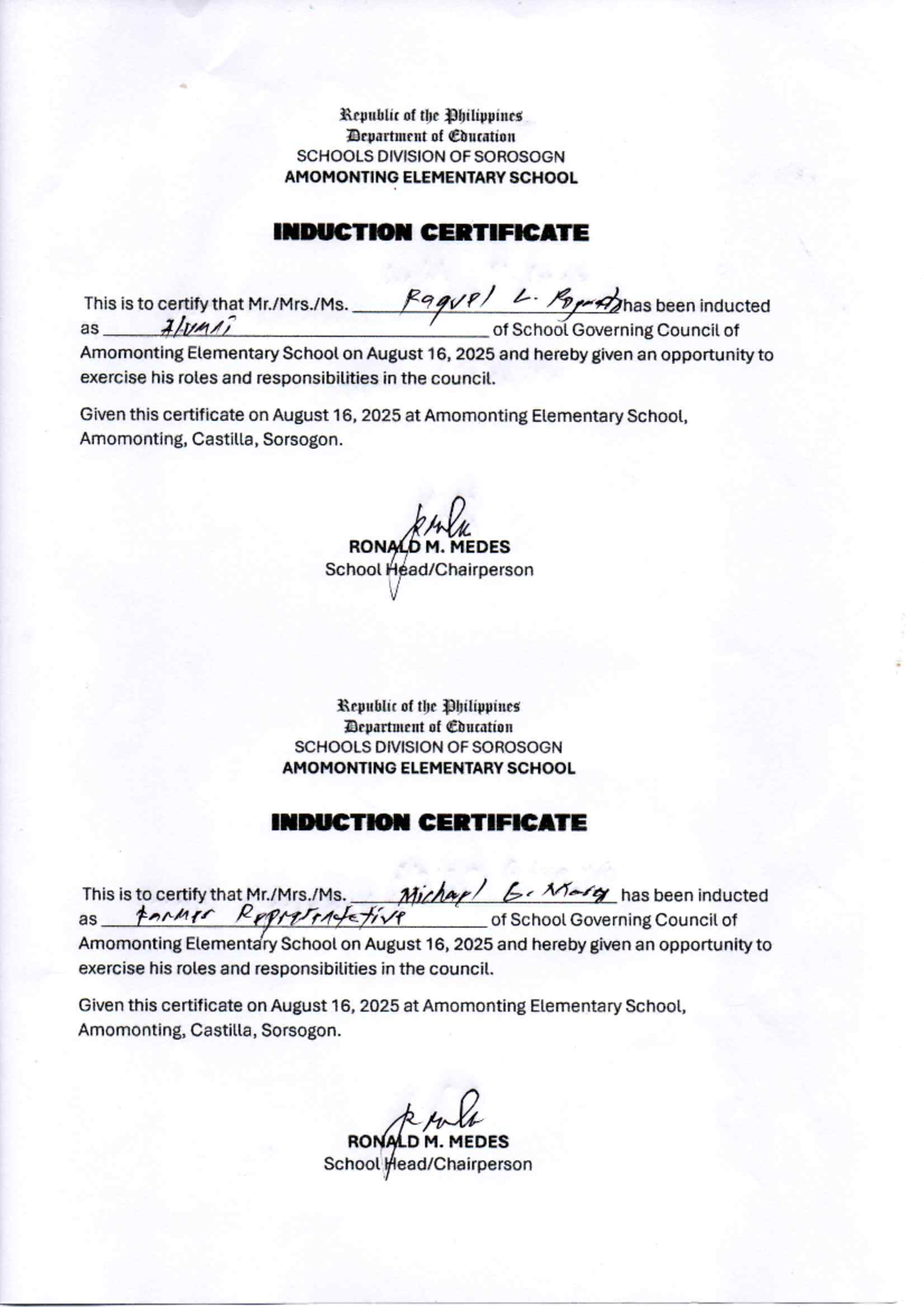 Induction certificate for school governing council members at ...