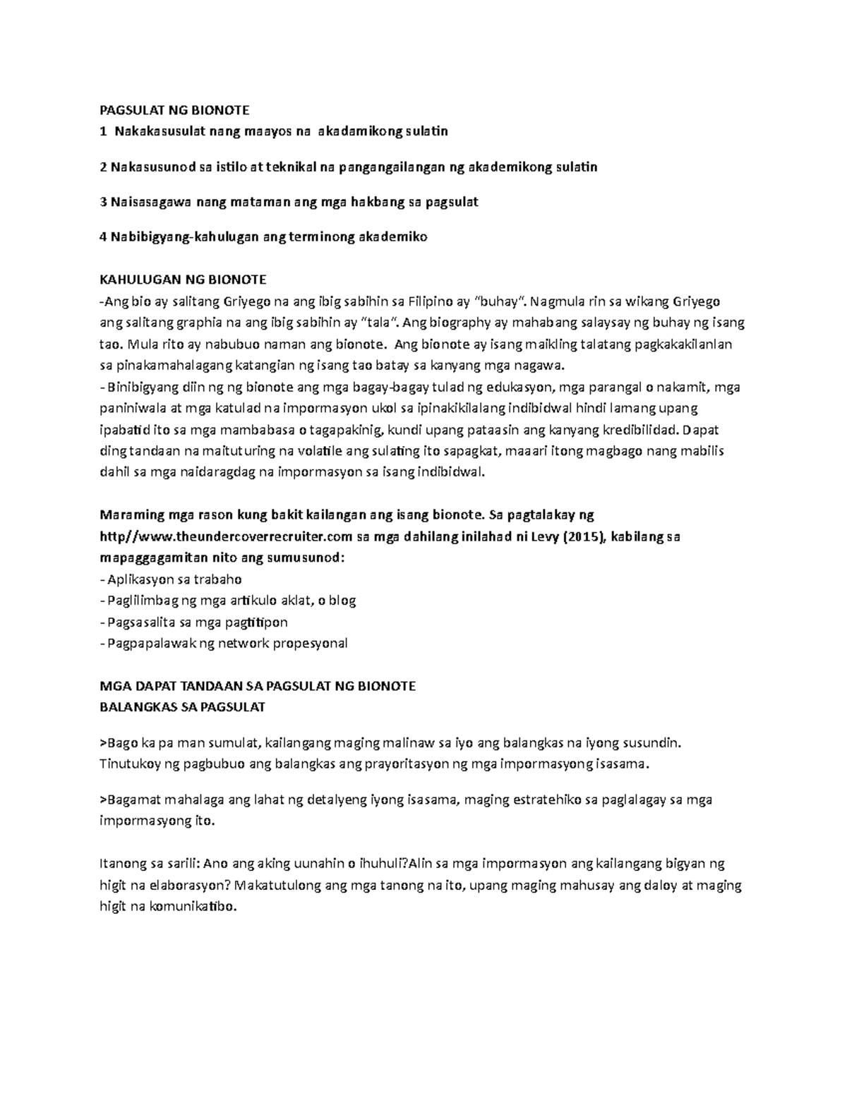 Filipino- Bionote- Lesson Notes and Writing Guidelines - Studocu