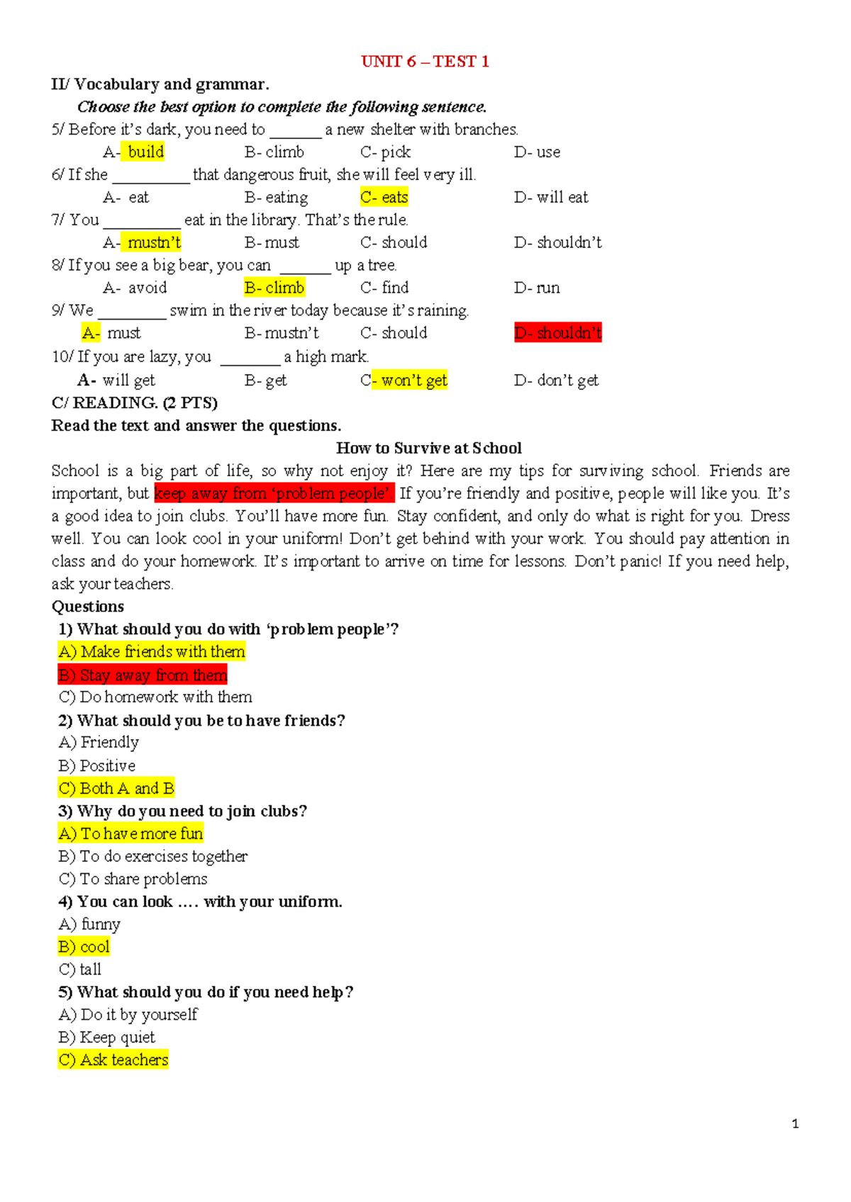 UNIT 6 - TEST: Vocabulary, Grammar, and Reading Practice - Studocu