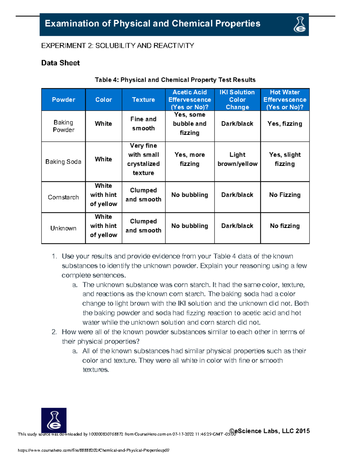 Chemical and Physical Properties - ©eScience Labs, LLC 2015 Examination of Physical and Chemical ...