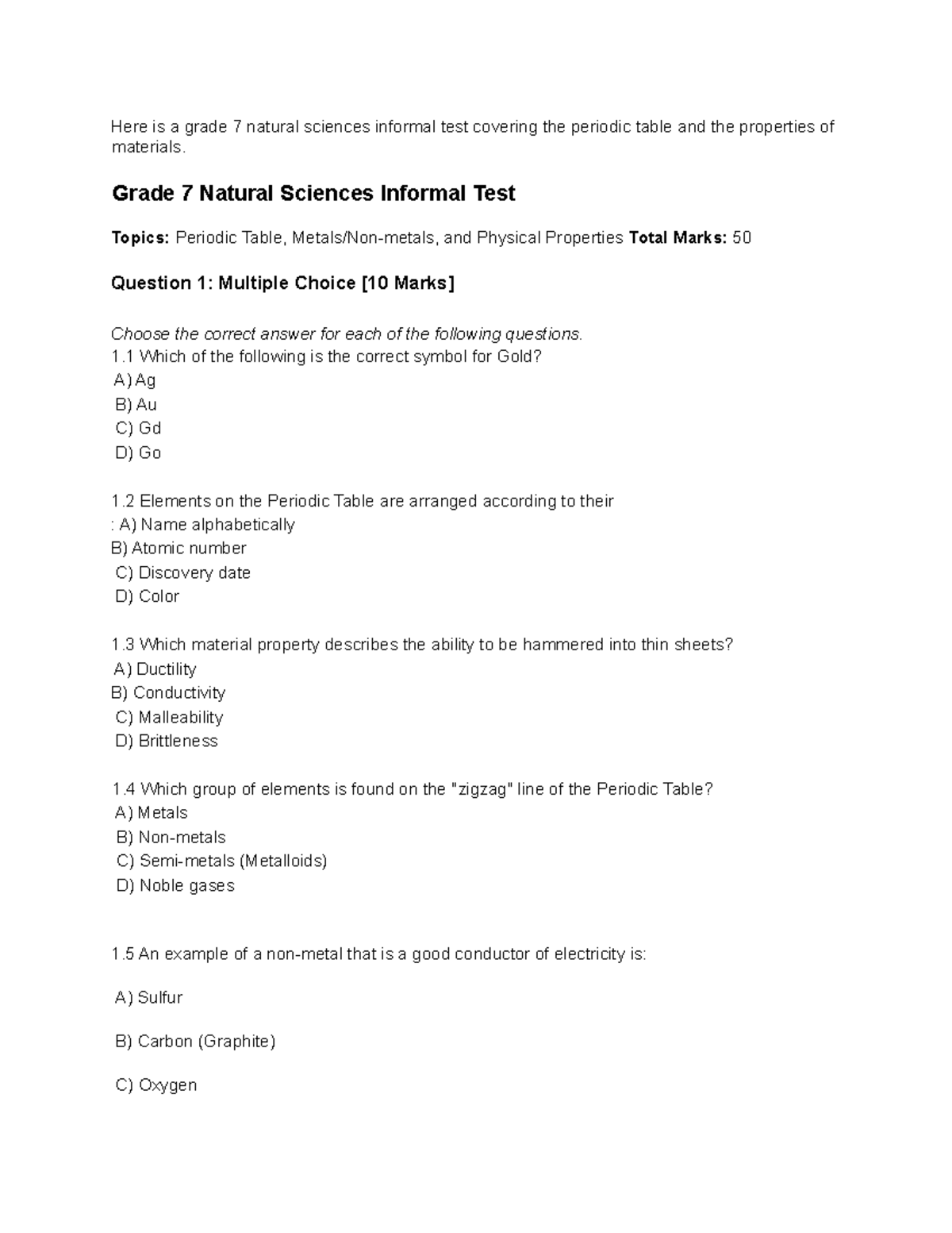 Grade 7 Natural Sciences Informal Test: Periodic Table & Material ...
