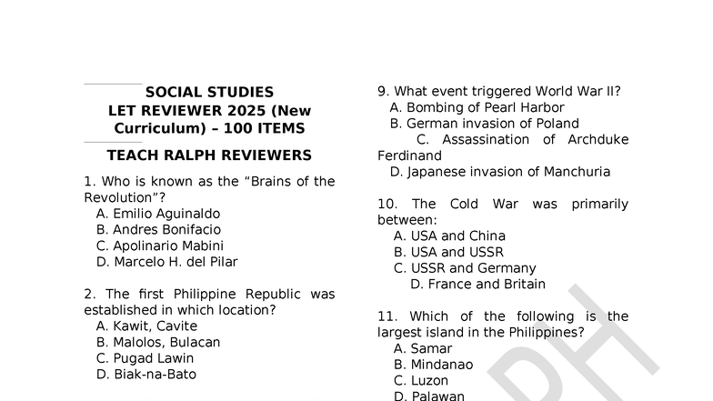 SOCIAL STUDIES LET REVIEWER 2025: 100 ITEM PRACTICE TEST - Studocu