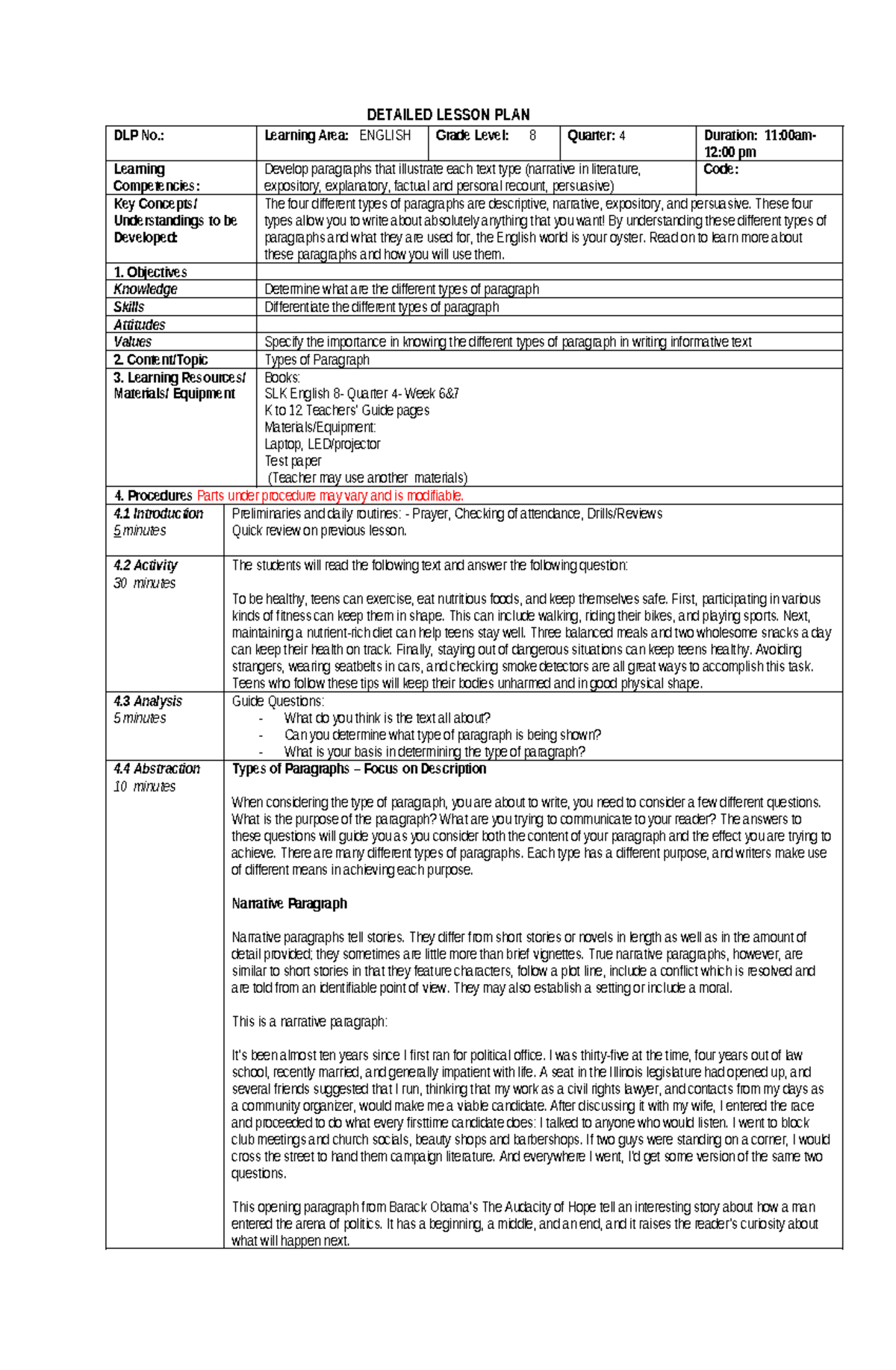 DLP English 8 q4- Week 6-7 - DETAILED LESSON PLAN DLP No.: Learning Area: ENGLISH Grade Level: 8 ...