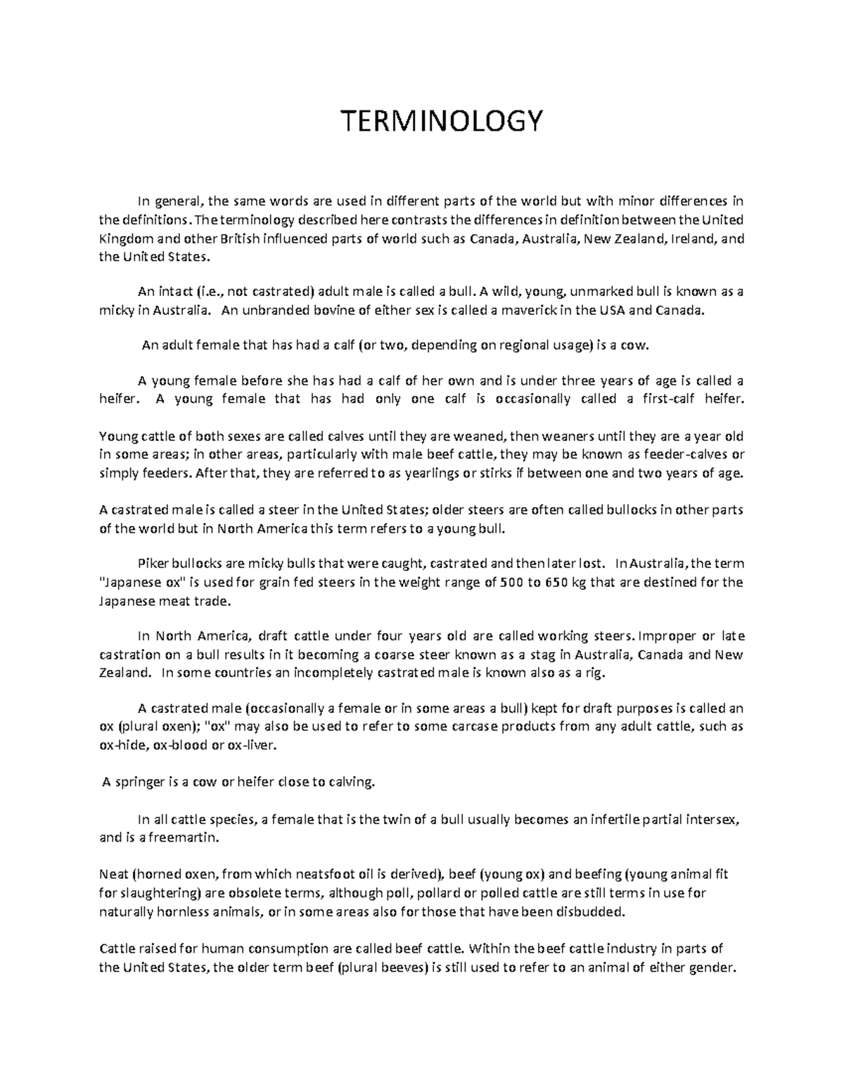 Terminology - Common Cattle Terms and Definitions - Studocu