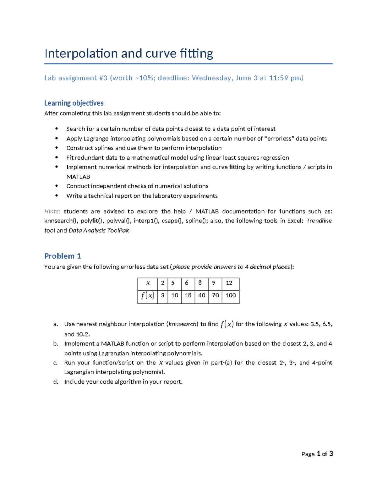 ENDG407S26 Lab Assignment 3: Interpolation & Curve Fitting Techniques ...