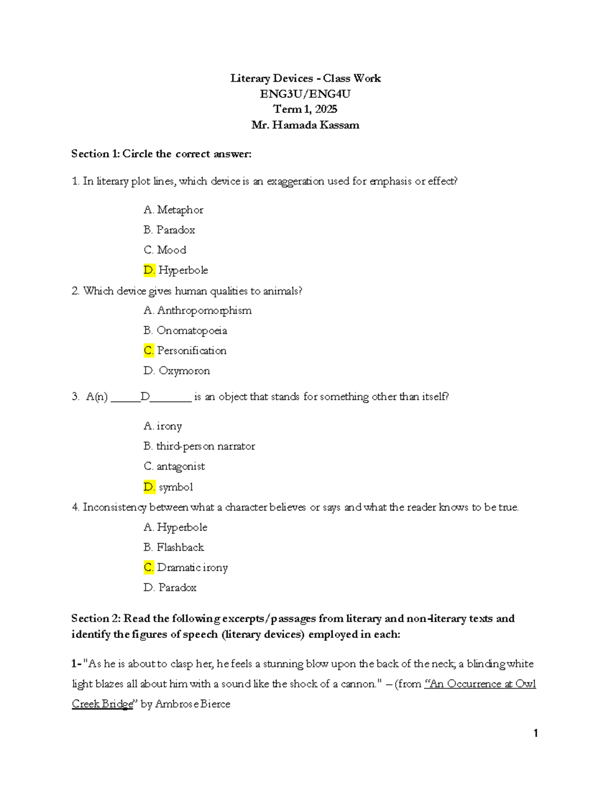 Literary Devices - Class Work Term 1, 2025 (Mr. Hamada Kassam) - Studocu