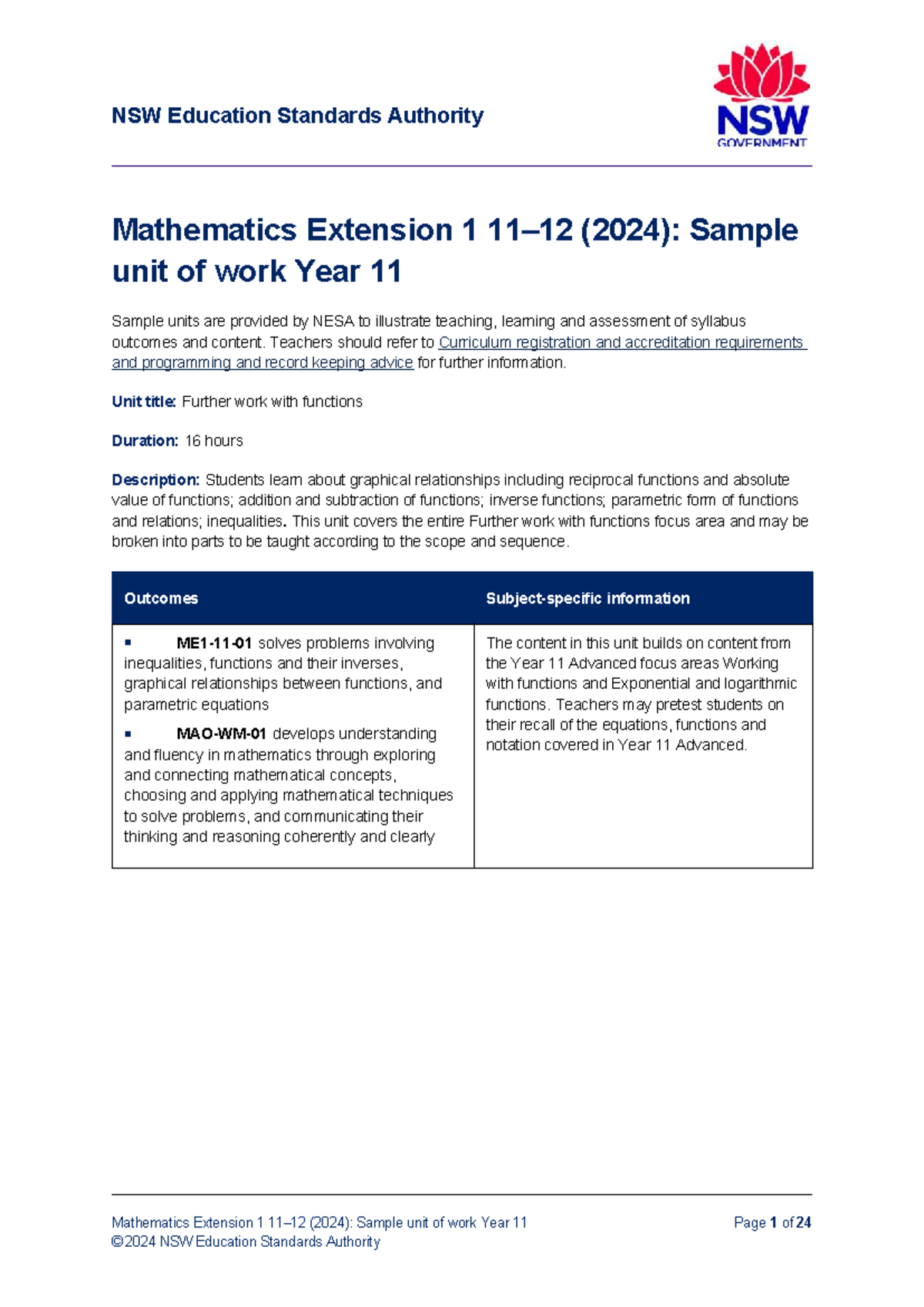 Mathematics Extension 1 (2024): Year 11 Sample Unit on Functions - Studocu
