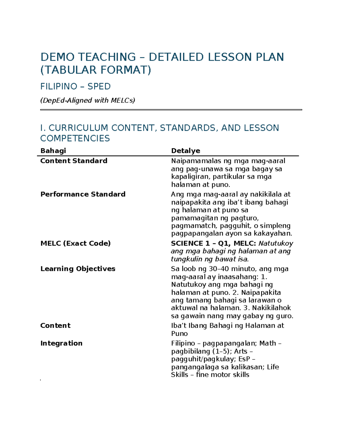 Detailed Lesson Plan: Iba’t Ibang Bahagi ng Halaman at Puno (SPED ...