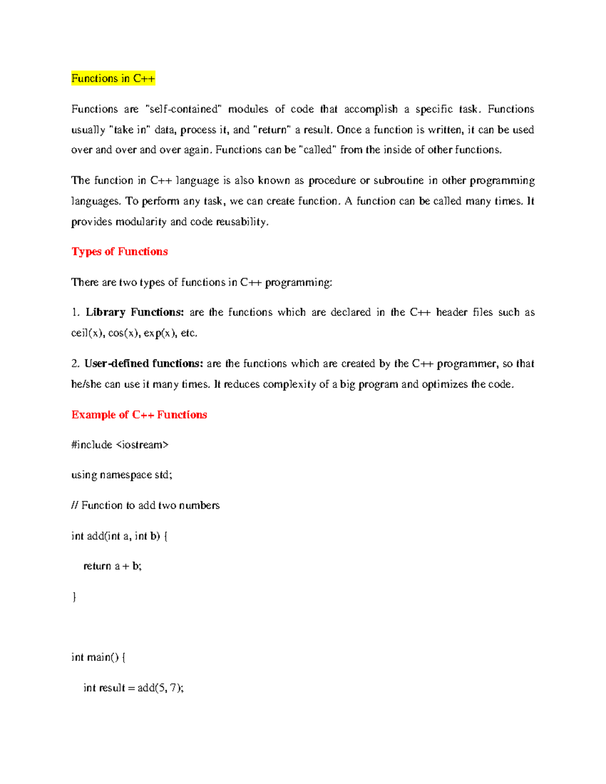 Functions, arrays & Pointers - Functions in C++ Functions are "self ...