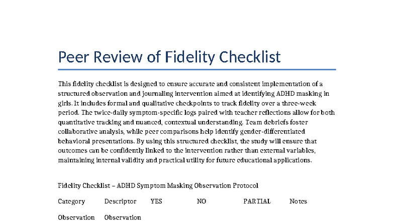 Peer Review Fidelity Checklist for ADHD Masking Intervention - Studocu