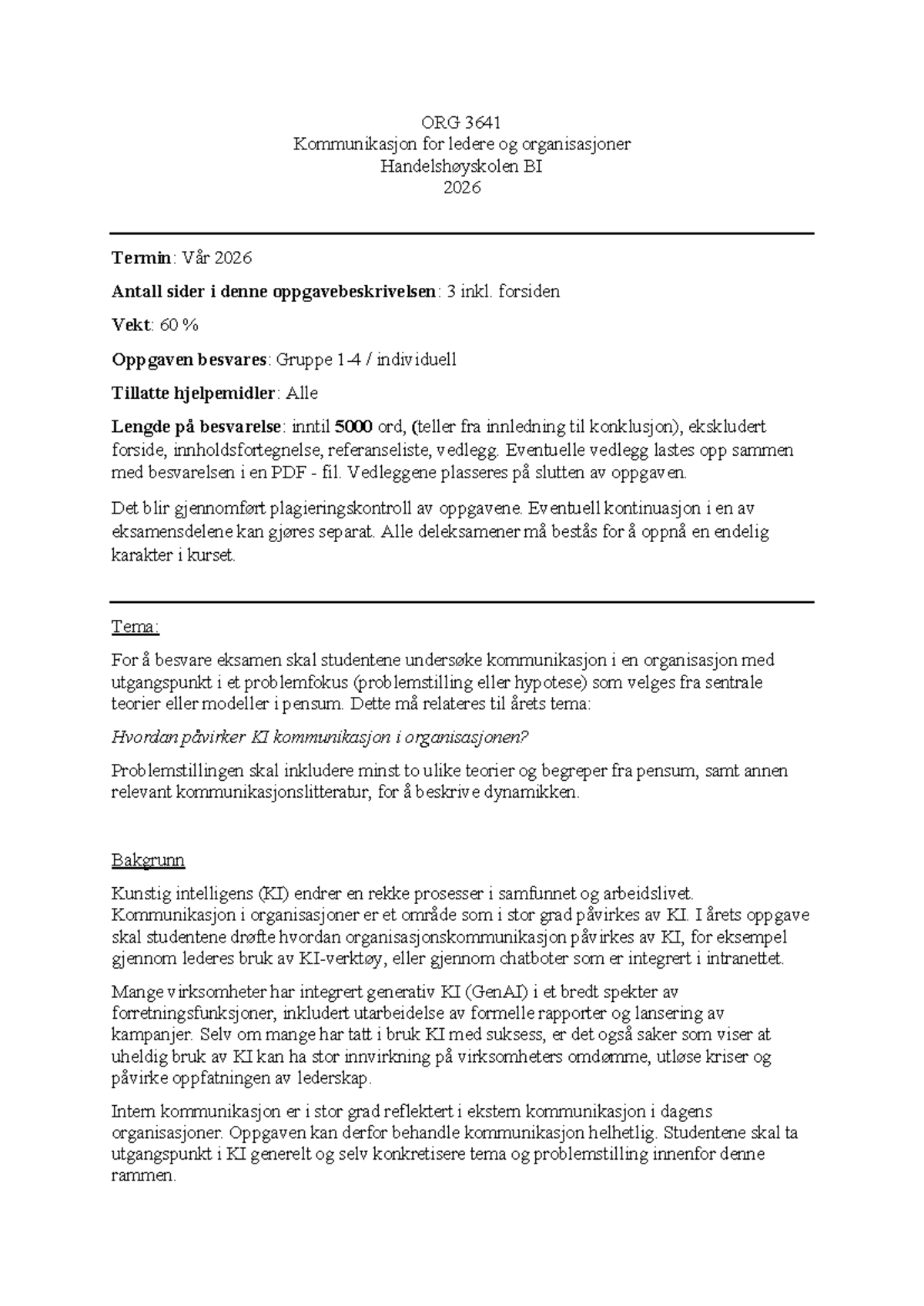 ORG 3641 Prosjektoppgave: KI og Kommunikasjon i Organisasjoner 2026 ...