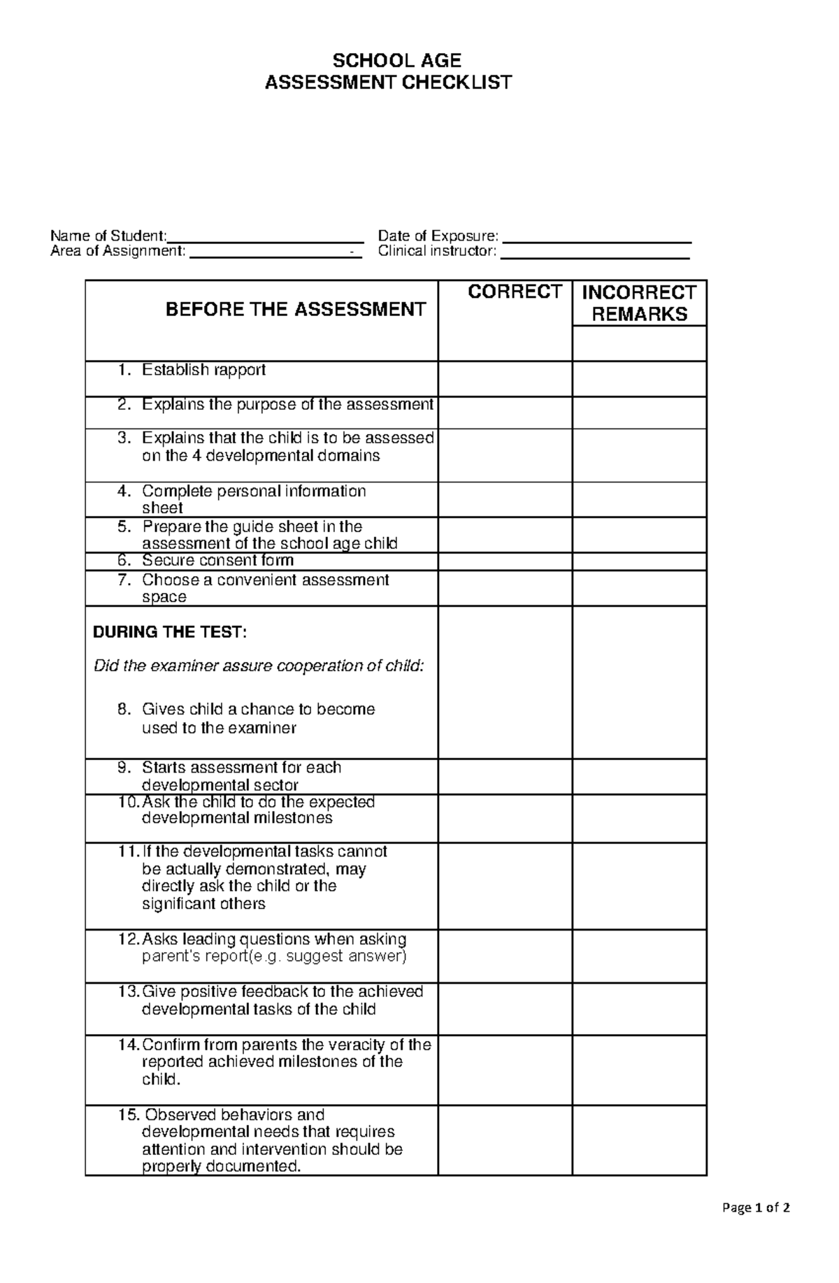 N13 School Age Assessment Checklist for Clinical Instructors - Studocu