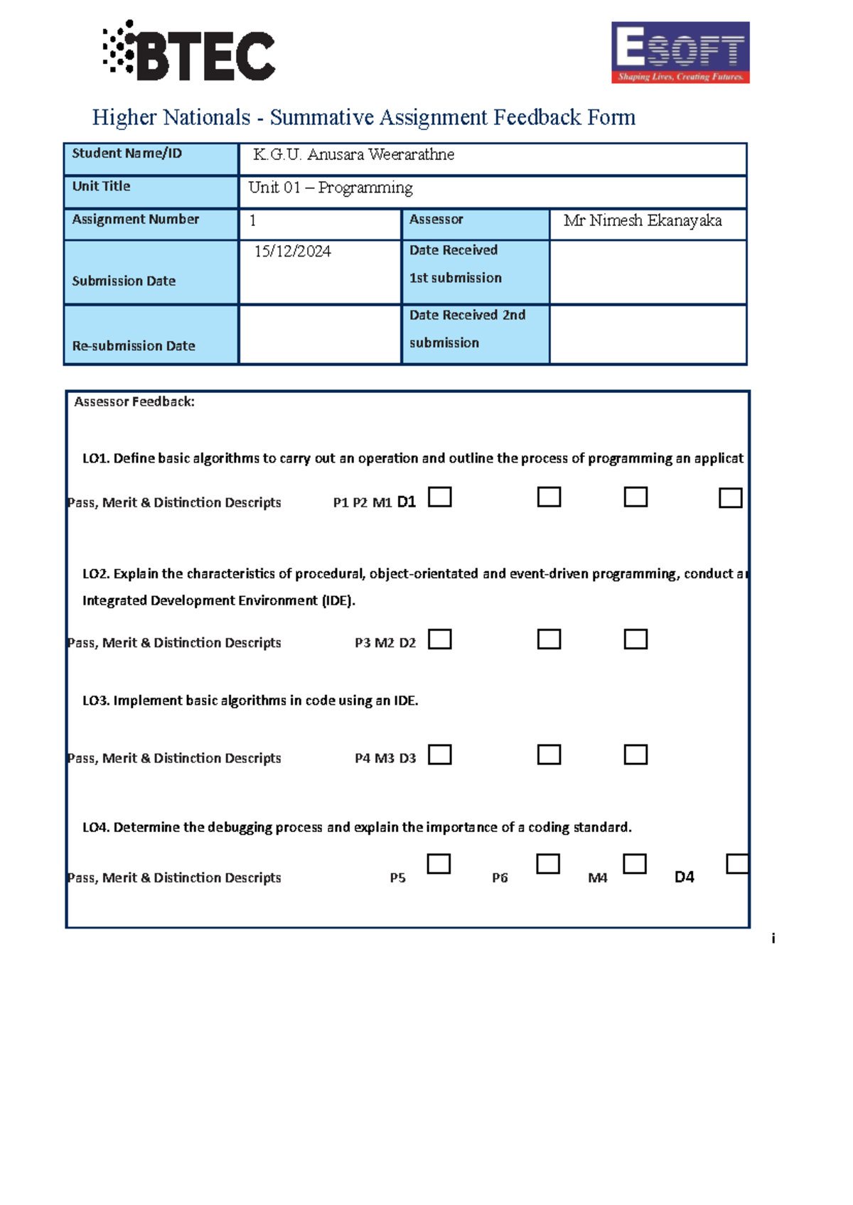 Programming Assignment - Higher Nationals - Summative Assignment Feedback Form Student Name/ID K ...