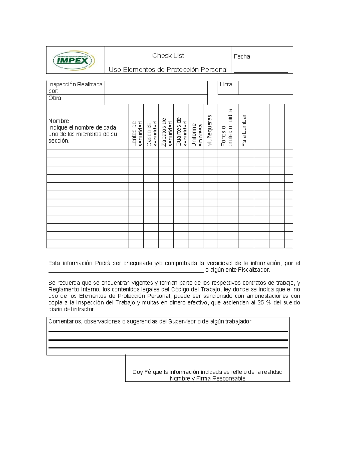 Check List EPP: Uso de Elementos de Protección Personal - Studocu