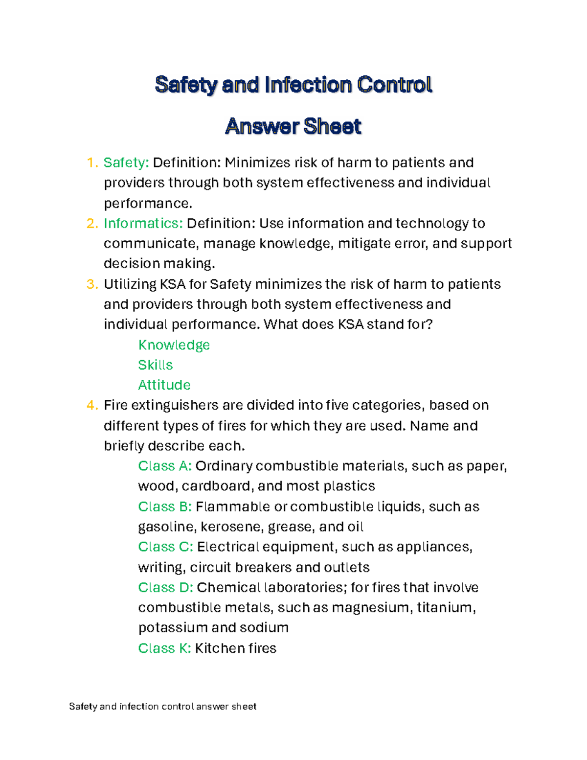 Safety and Infection Control Guidelines - Answer Sheet - Safety ...