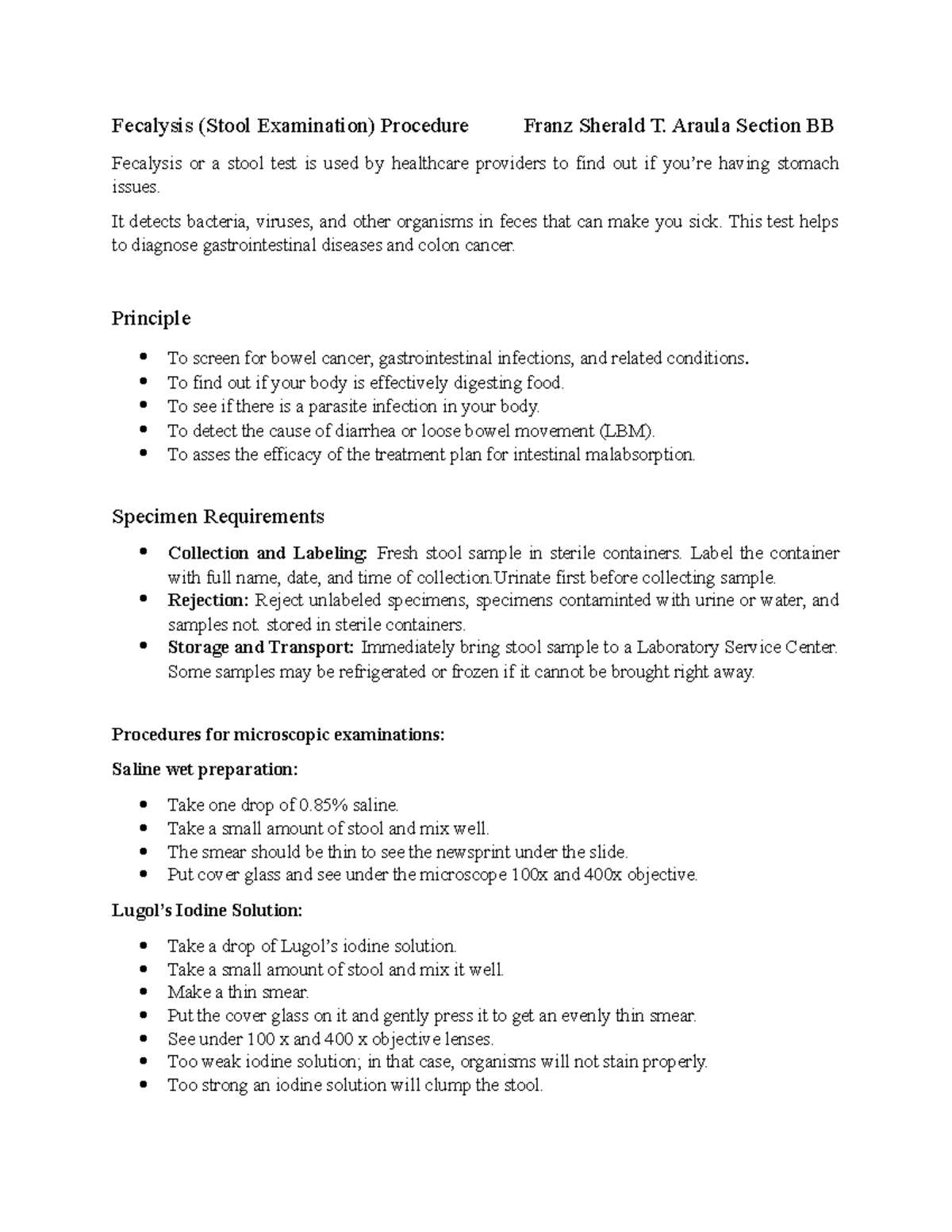 Fecalysis Procedure for Stool Examination - Section BB Guide - Studocu