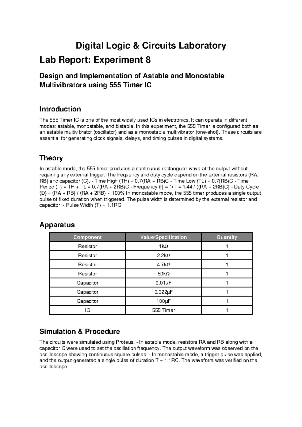 Digital Logic Circuits Lab Report: Exp 8 on Multivibrators Design - Studocu