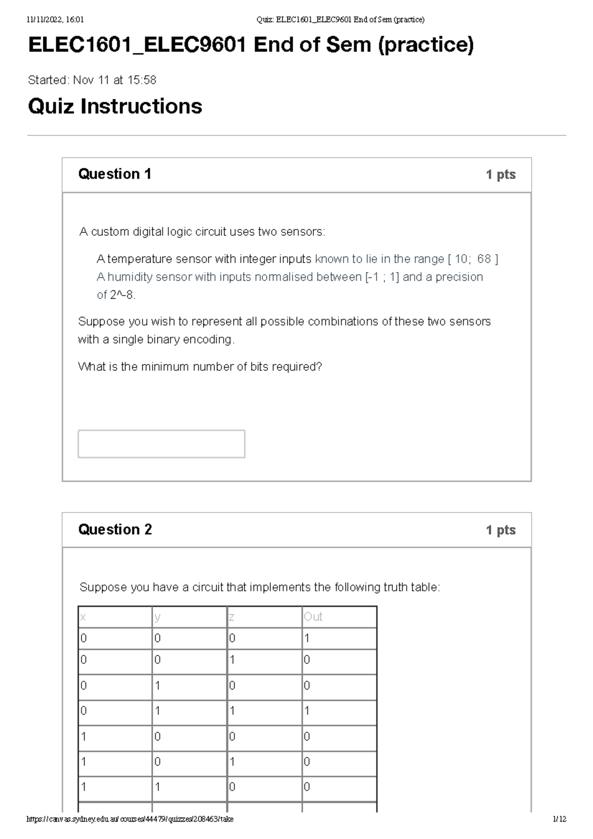 Quiz ELEC1601 ELEC9601 End of Semester Practice Questions - Studocu
