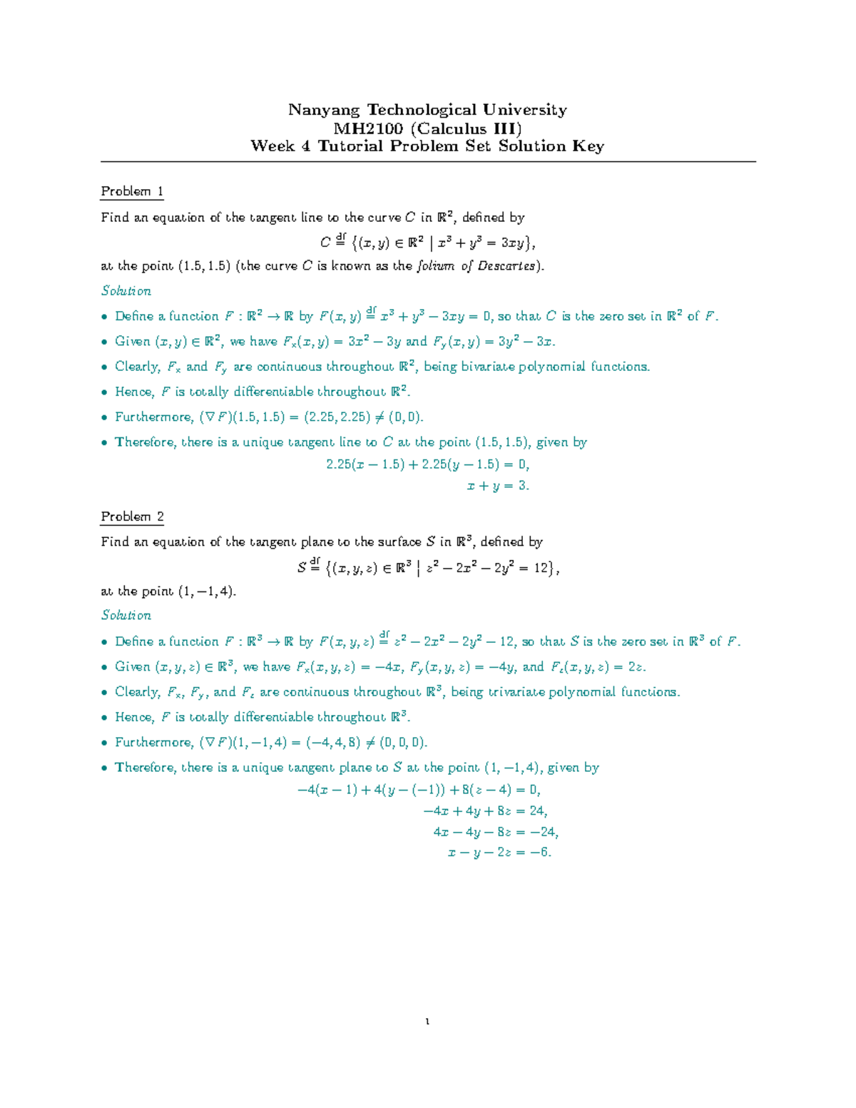 Week 4 Tutorial Problem Set (Solution Key) - Nanyang Technological ...
