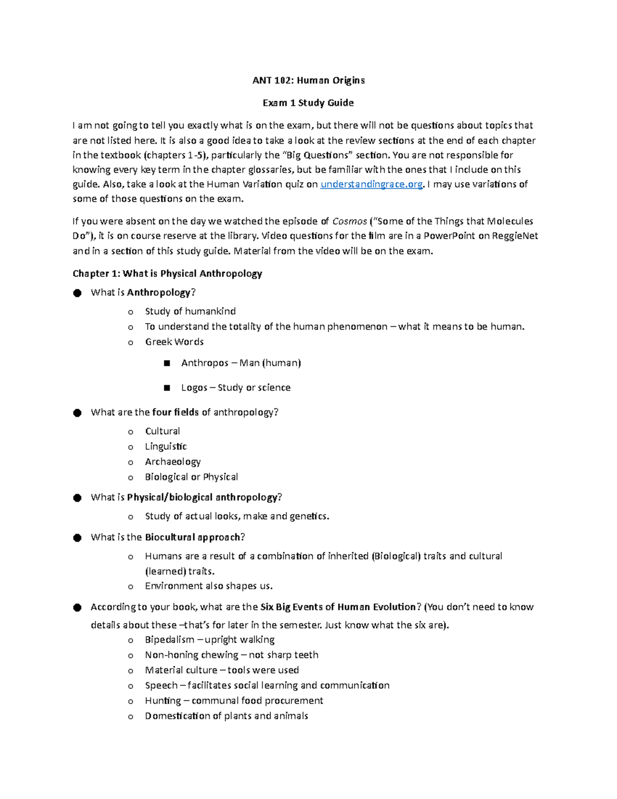 Exam 1 Study Guide - ANT 102: Human Origins Exam 1 Study Guide I am not ...