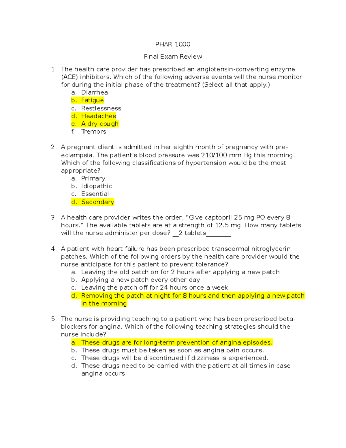 PHAR 1000 Final Exam Review Spring 2024 Comprehensive Answer Key - Studocu