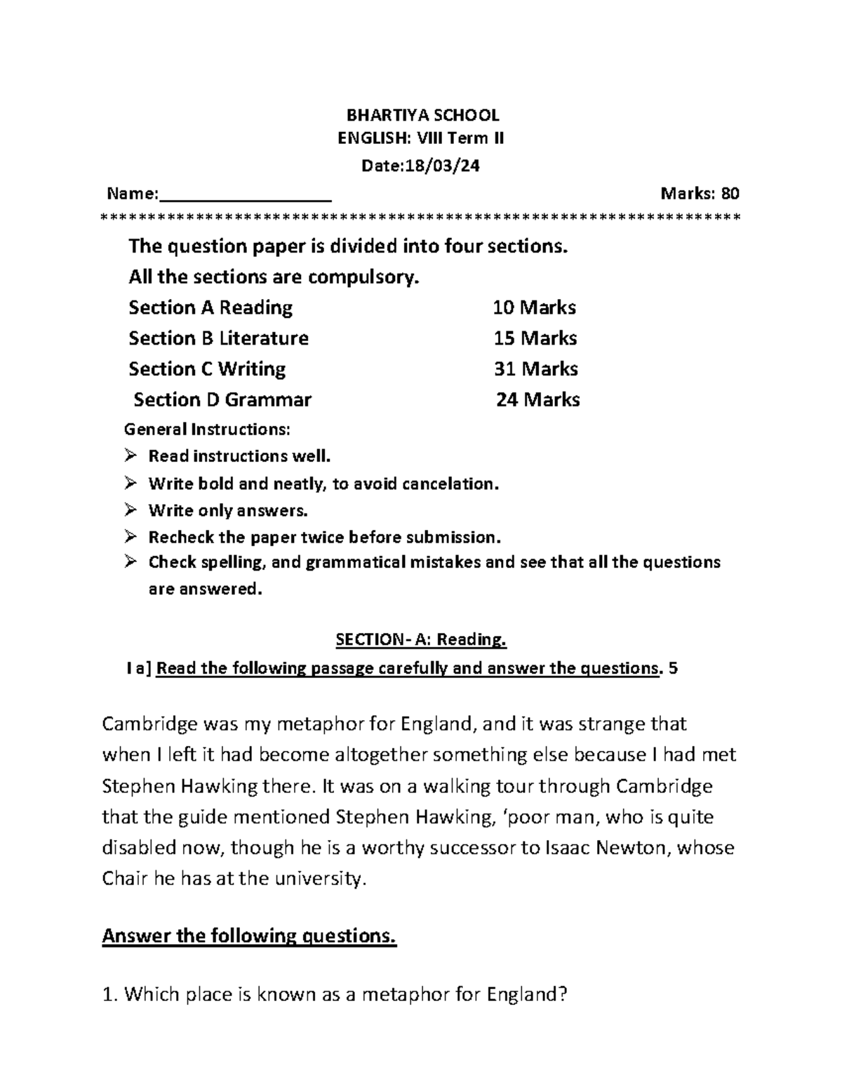 Eng 8 - Jikii: Term II English Exam Paper with Marks Distribution - Studocu