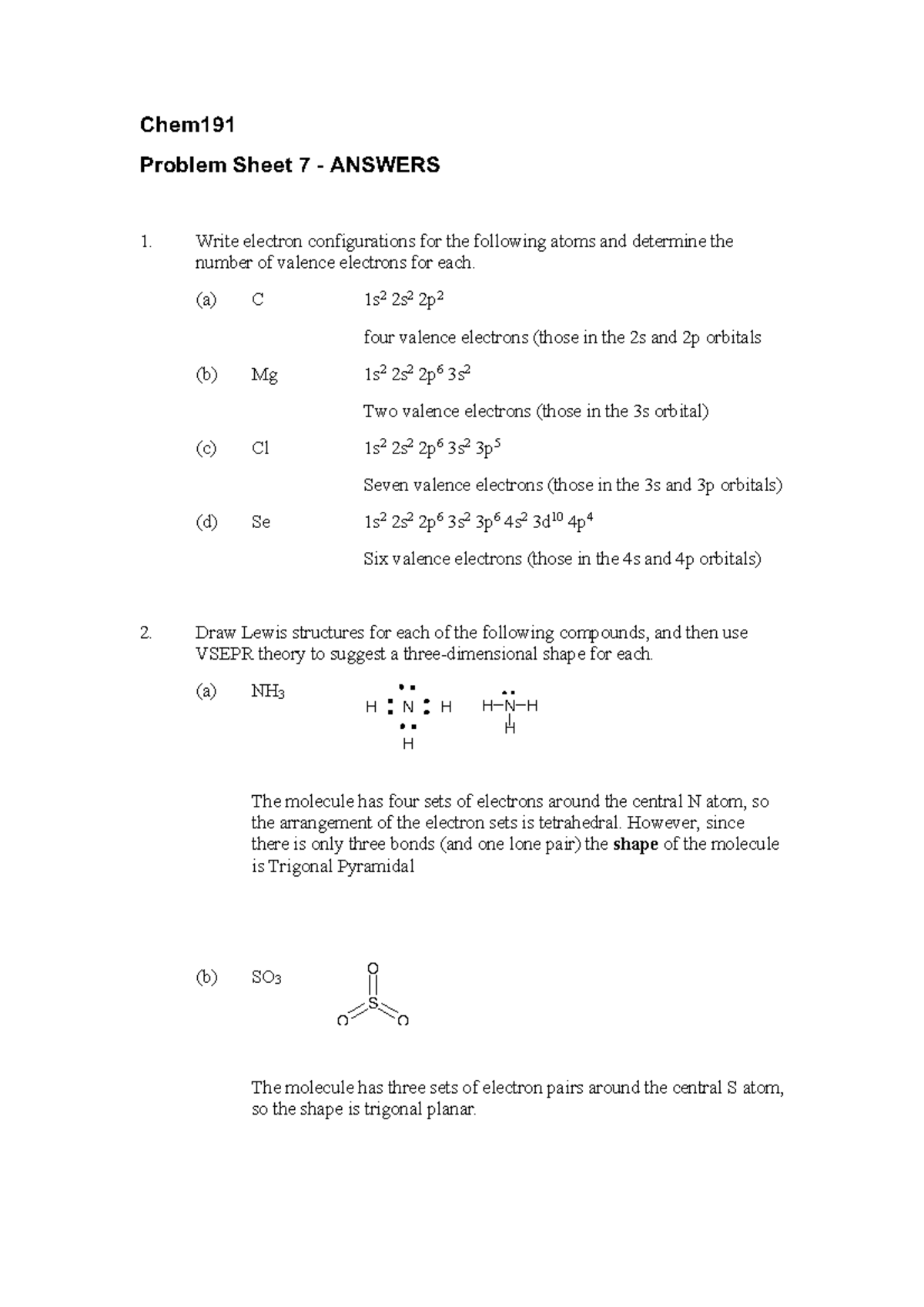 Chem191 Problem Sheet 7: Electron Configurations & Lewis Structures ...