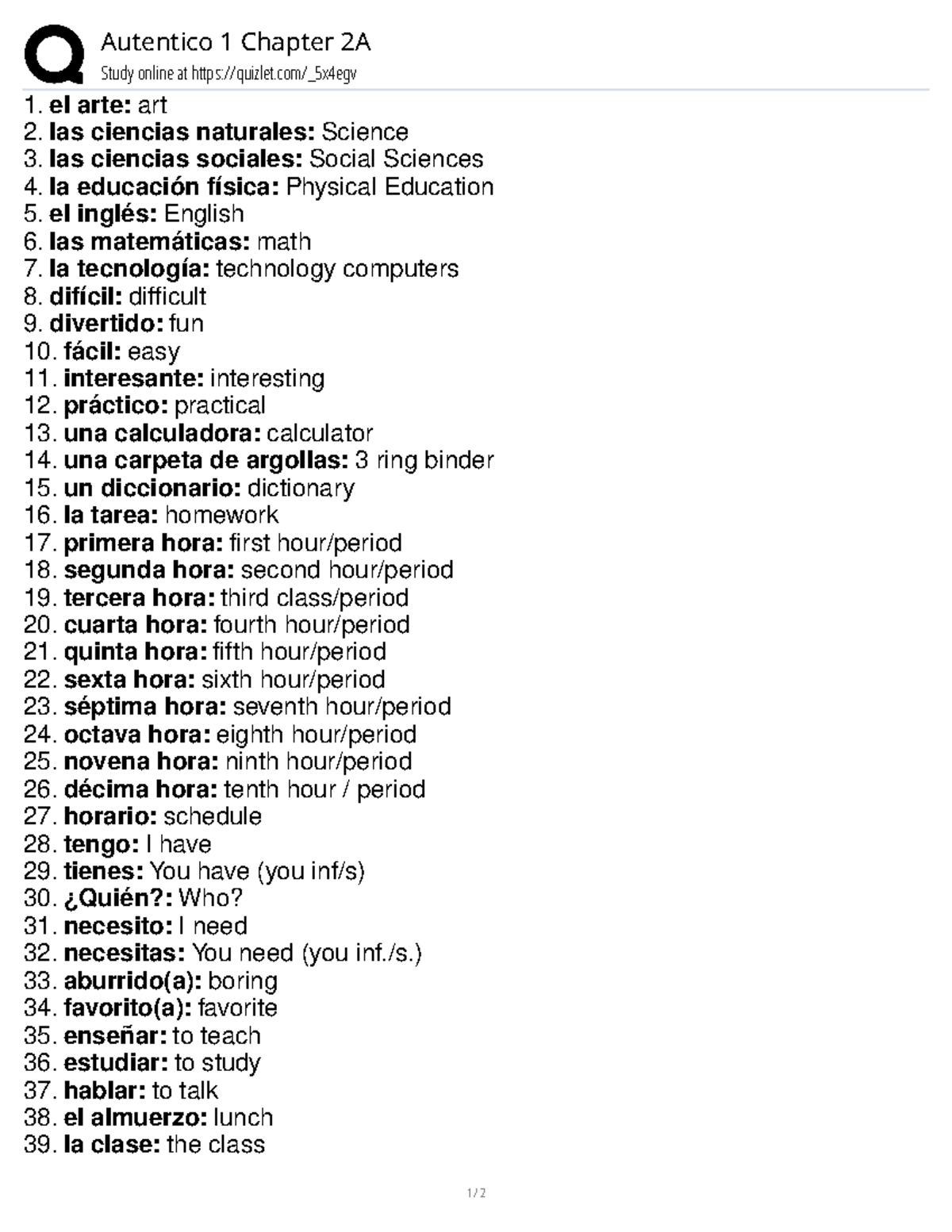 Autentico 1 Chapter 2A Vocabulary Notes and Study Guide - Studocu