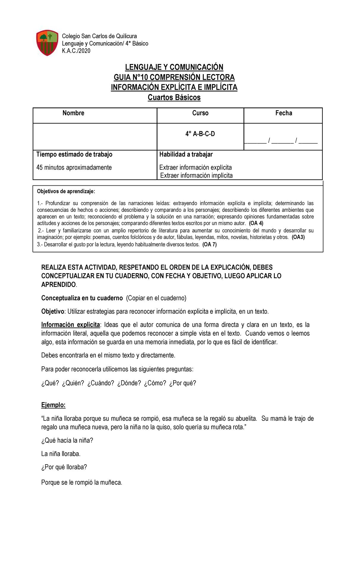 Guía de Comprensión Lectora: Información Explícita e Implícita ...