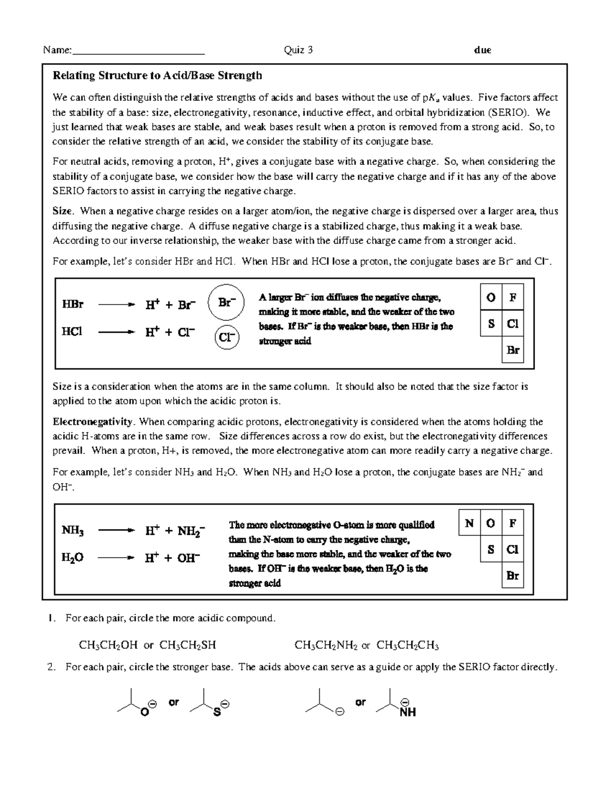 S21 2230 Quiz 3 - Organic Chemistry Quiz 3 ACID/BASE and more PDF ...