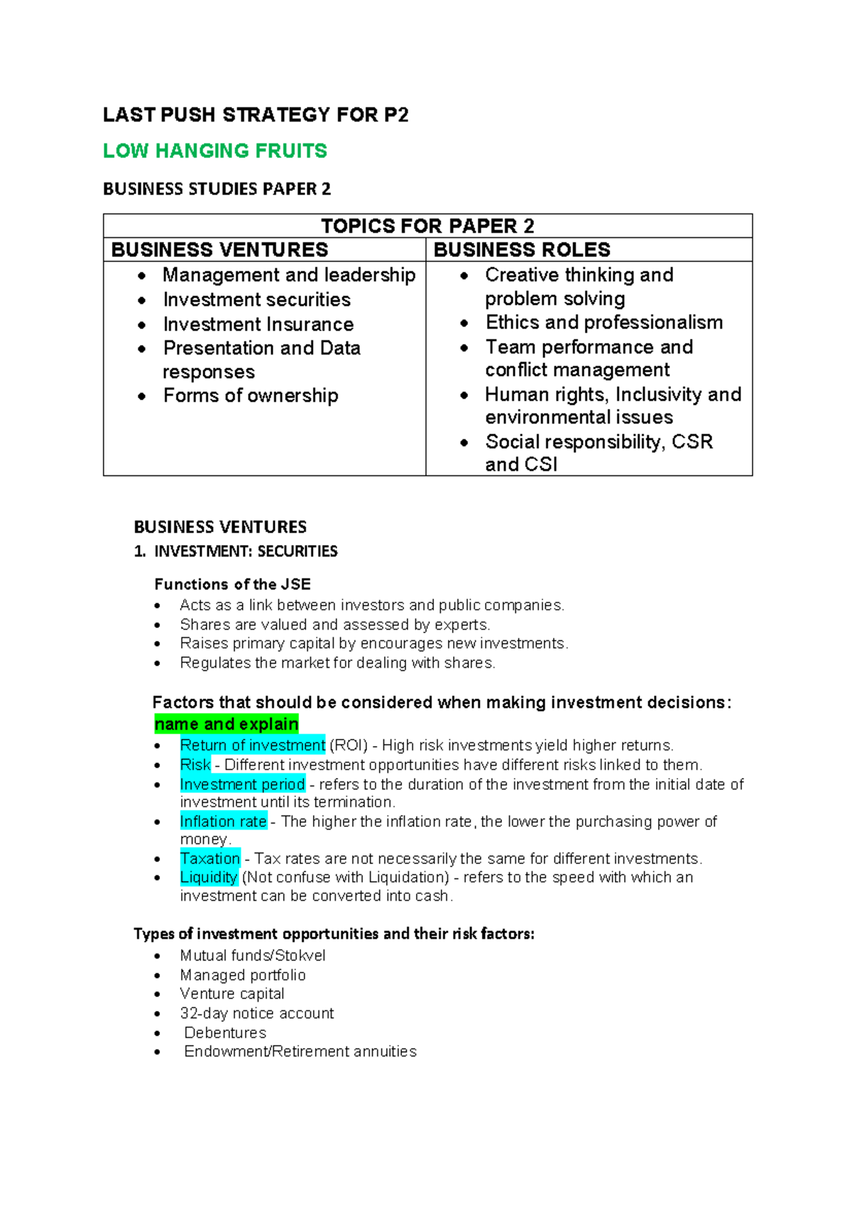 2025 BUS STUDIES P2 LAST PUSH REVISION NOTES ON INVESTMENT & MANAGEMENT ...