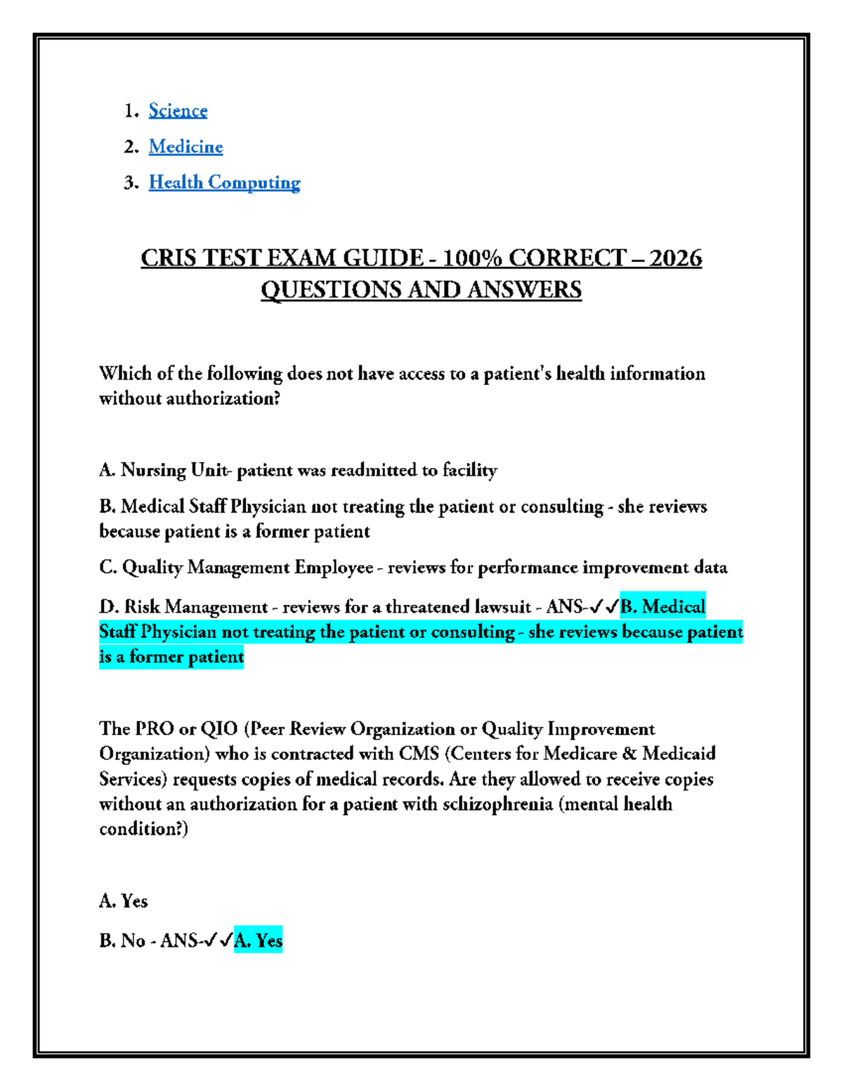 CRIS TEST EXAM GUIDE - 100% CORRECT Qs & As 2026 - Studocu