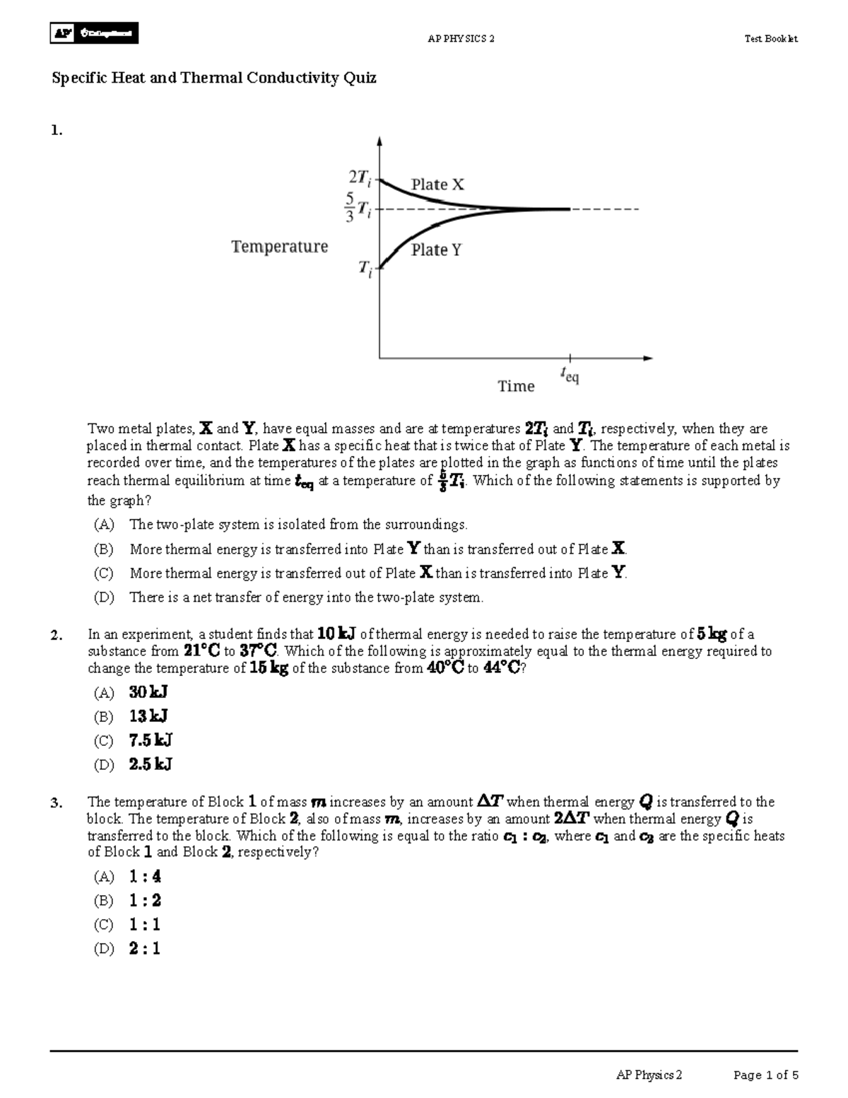 AP PHYSICS 2 Specific Heat & Thermal Conductivity Quiz 1 - Studocu