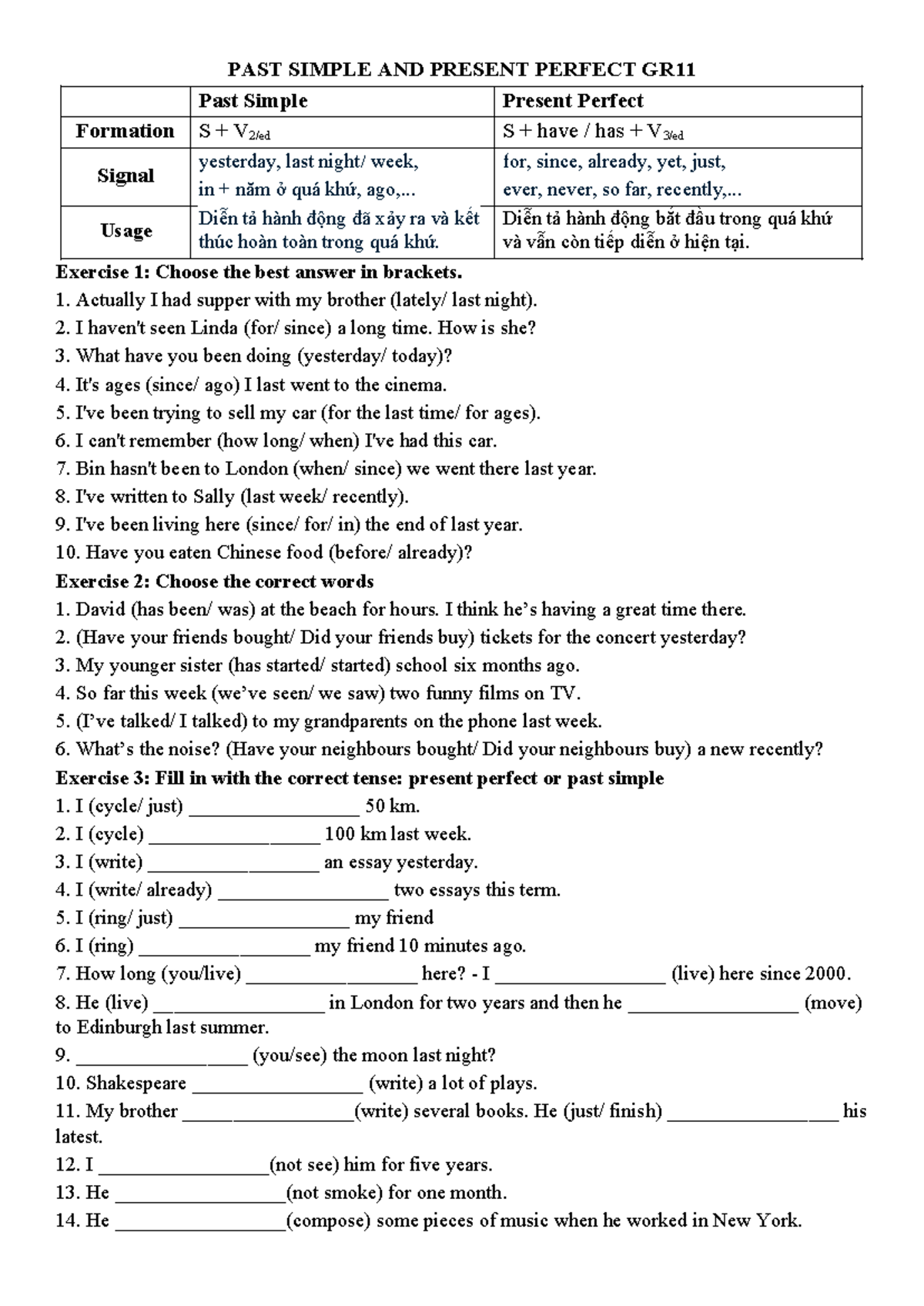 PAST Simple and Present Perfect Grammar Guide GR11 - Studocu