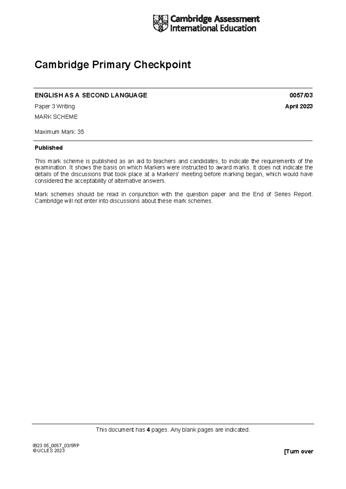 Cambridge Primary Checkpoint ESL Paper 3 Writing Mark Scheme April 2023 ...