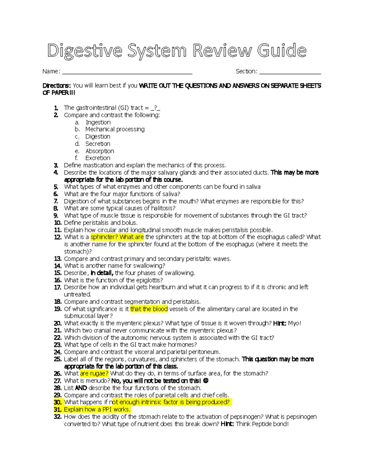 Digestive System Review Guide - Name ...