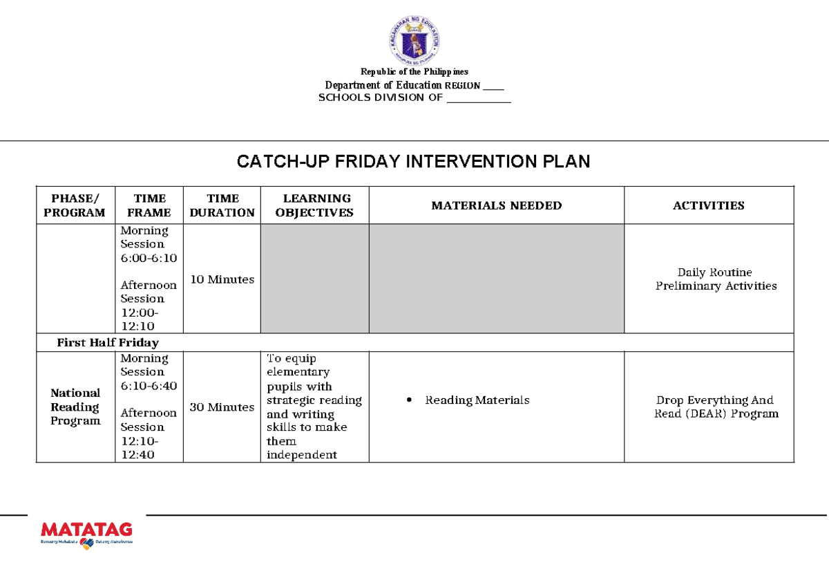 Intervention PLAN - none - Department of Education REGION ...