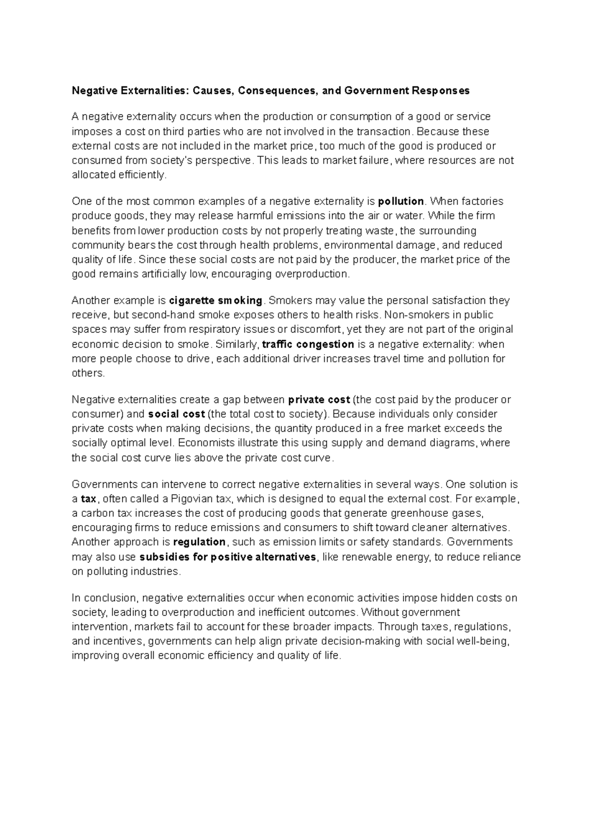 Negative Externalities: Causes, Effects, and Gov. Solutions - Studocu