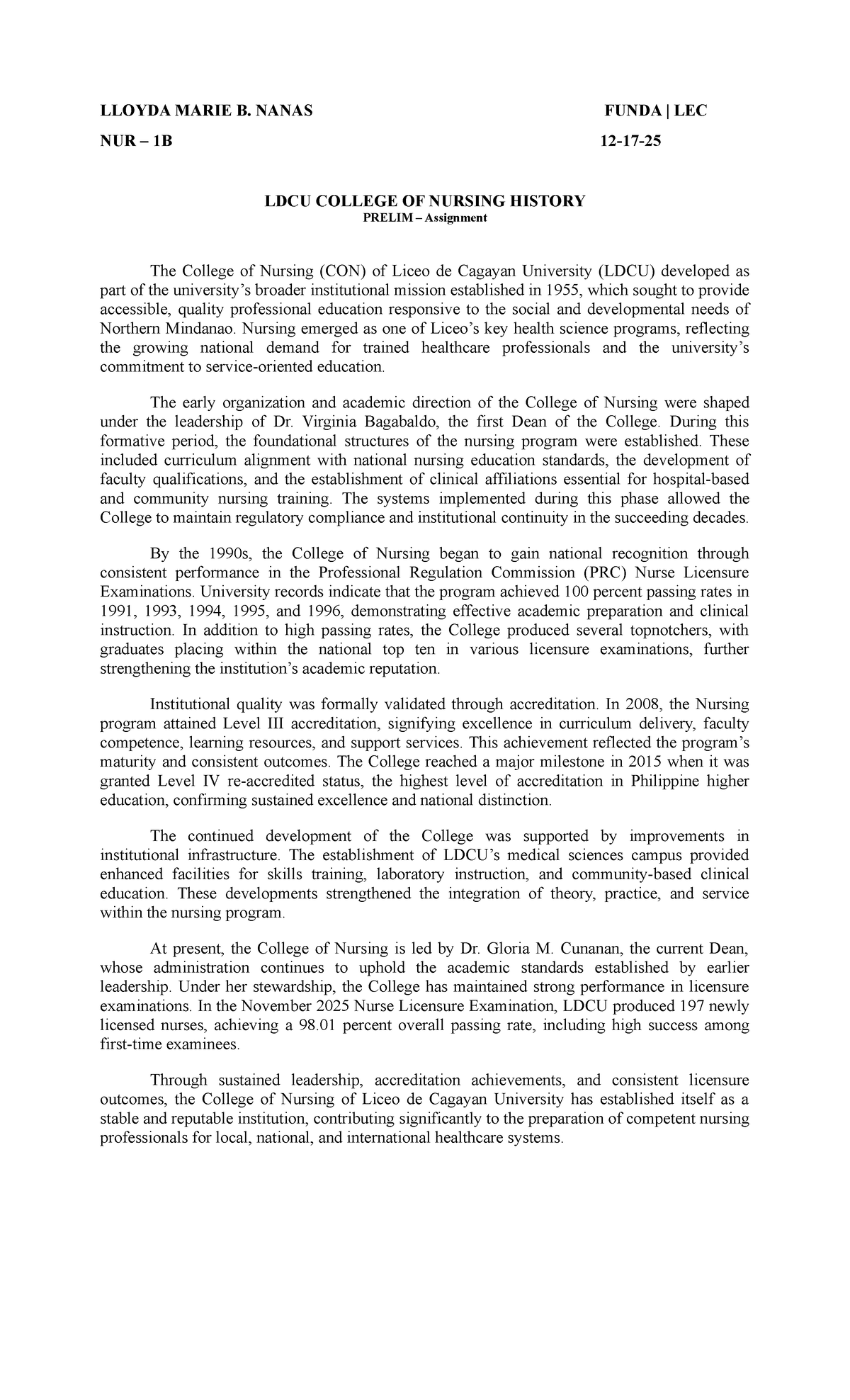 LDCU CON History Prelim Assignment: Nursing Program Development - Studocu