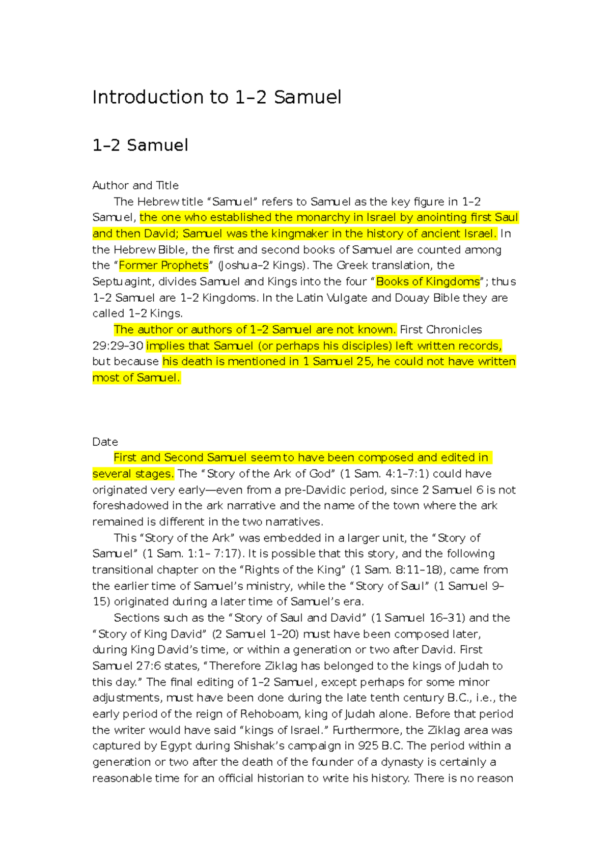 Introduction to 1–2 Samuel and 1–2 Kings: Key Themes and Analysis - Studocu