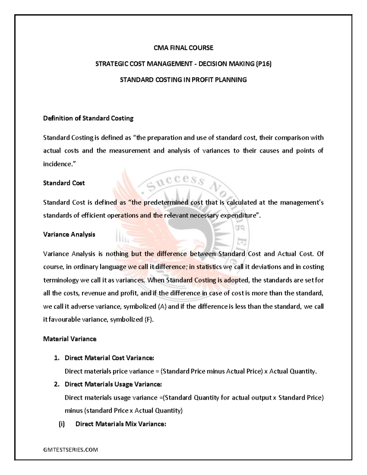 CMA P16 Final Exam: Standard Costing & Profit Planning Insights - Studocu