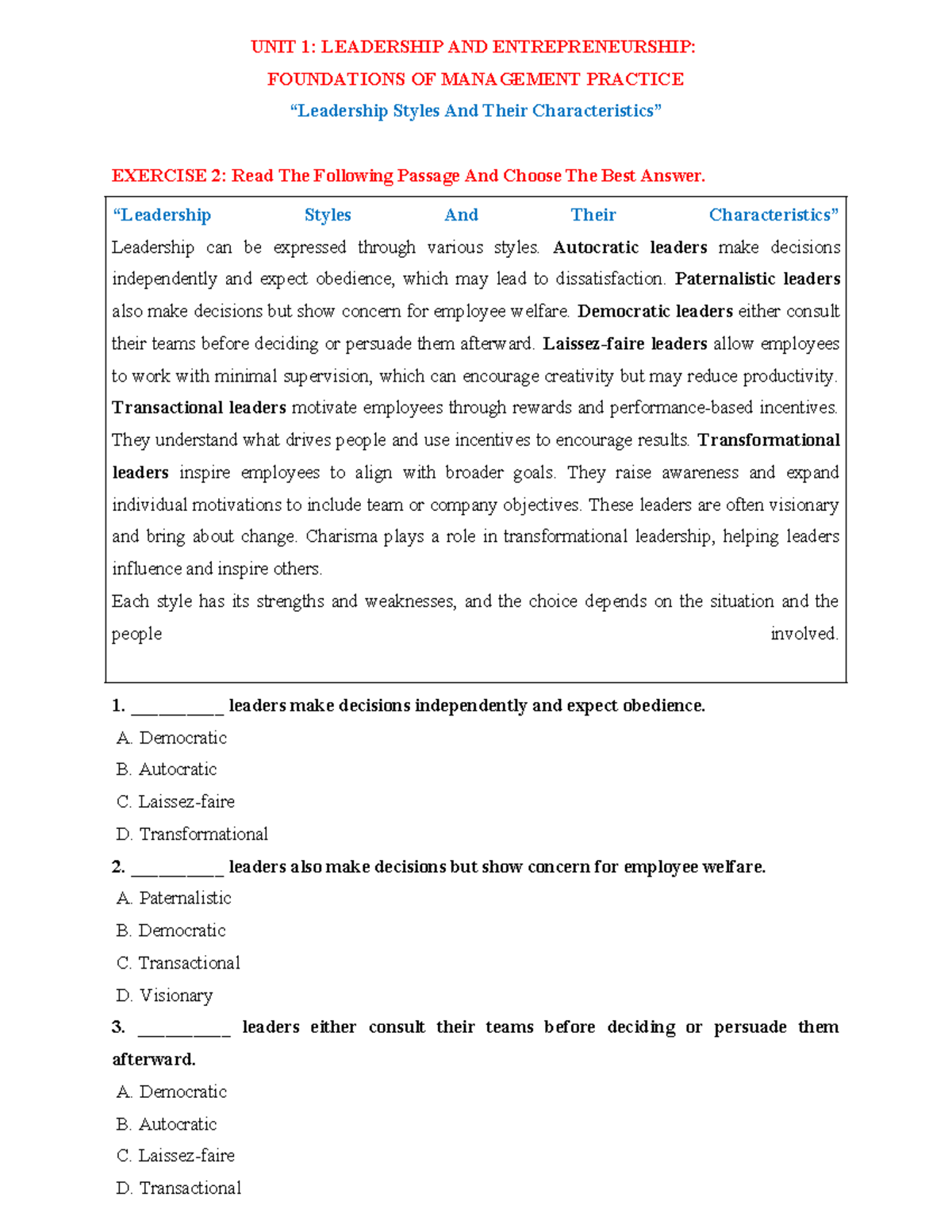 UNIT 1: Leadership Styles & Their Impact - Exercise 2 Answers - Studocu