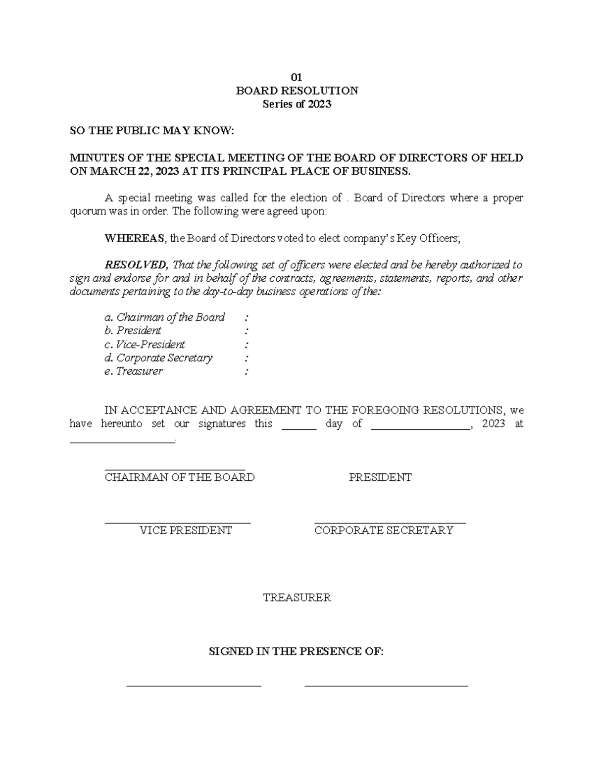 Board Resolution Sample - Special Meeting Minutes 2023 - Studocu