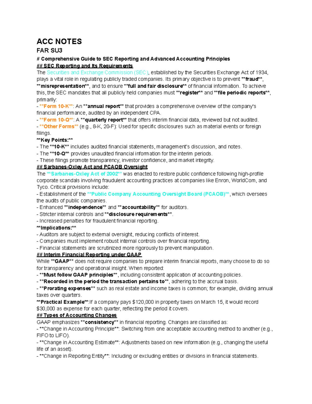 Comprehensive Accounting Notes for ACC FAR SU3: SEC Reporting ...