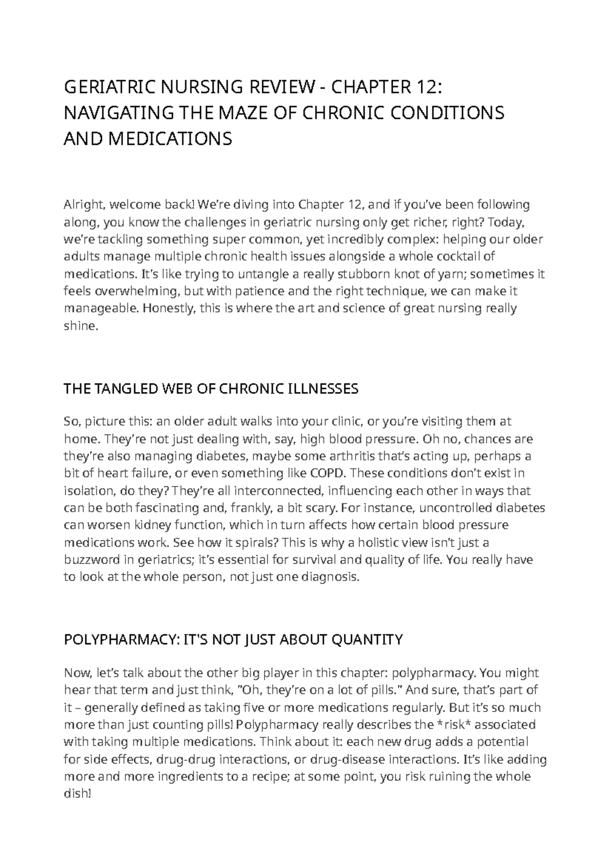 Geriatric Nursing Review CH12: Managing Chronic Conditions & Medications - Studocu