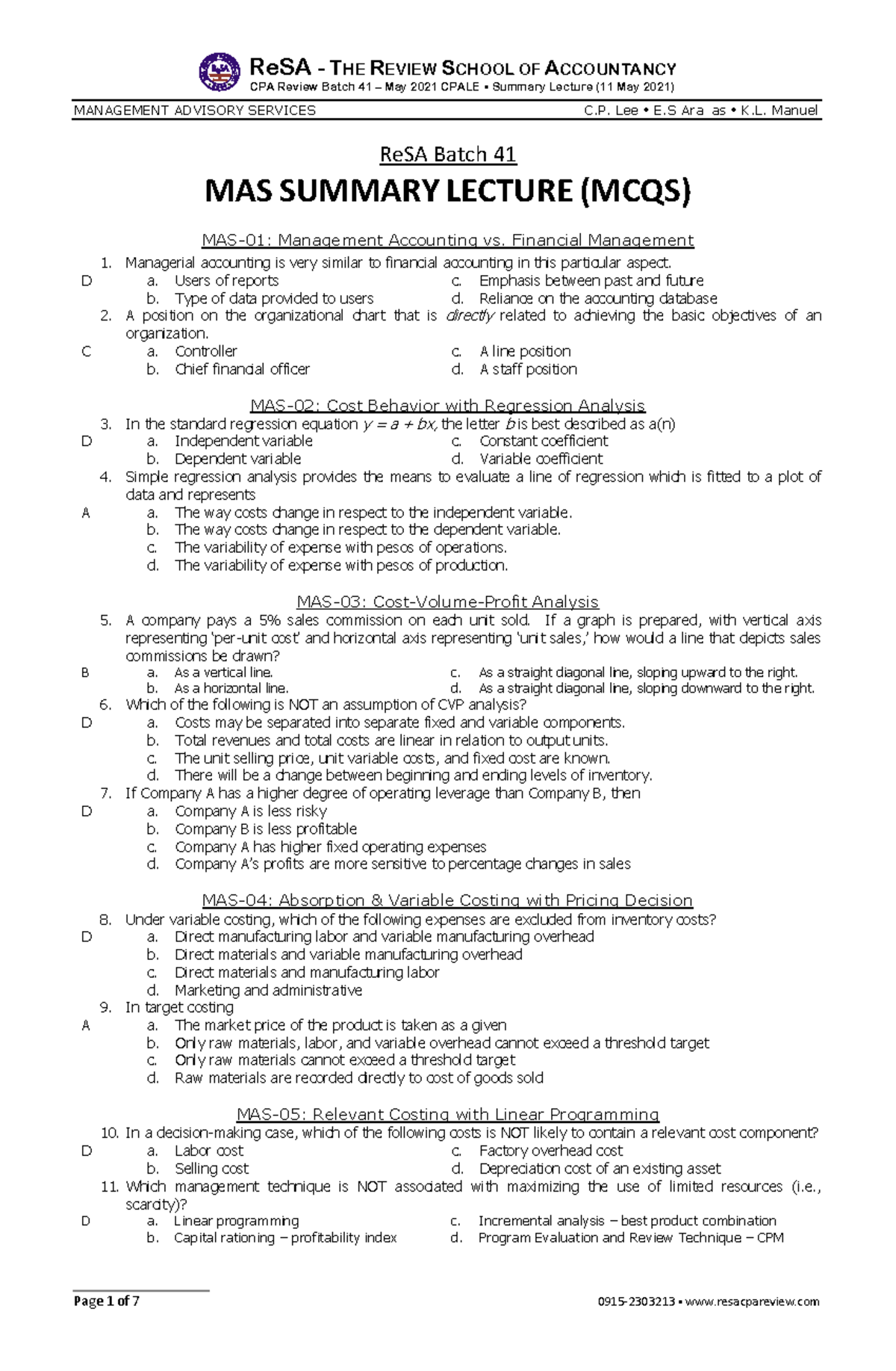 ReSA MAS 41 Summary Lecture Notes for CPA Review (May 2021) - Studocu